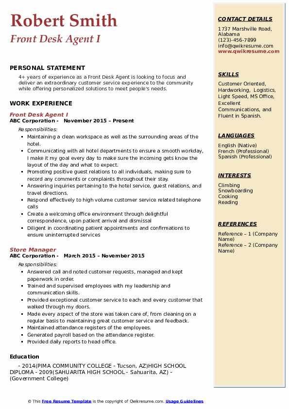 Front Desk Agent Resume Sample ~ Resume Letter