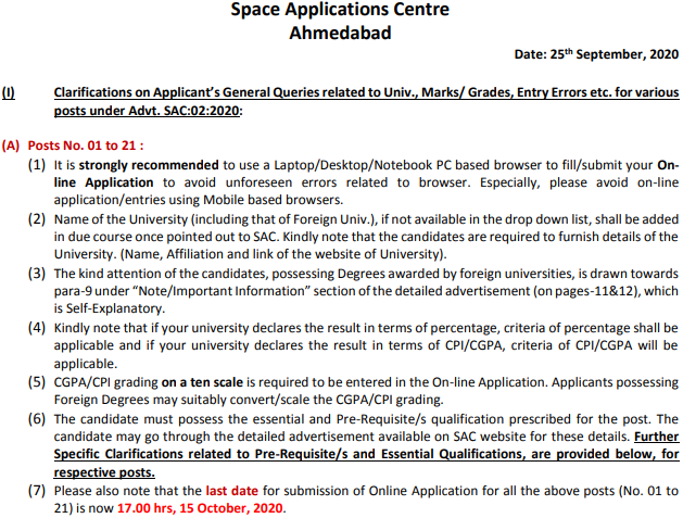 ISRO-SDSC SHAR RECRUITMENT 2020-21 SCIENTIST/ENGINEER & OTHER JOB