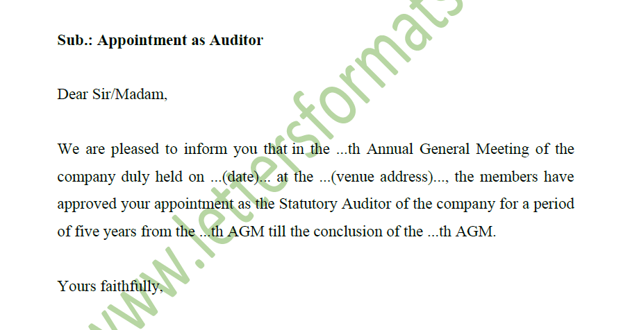 Draft of Intimation Letter for Appointment of Auditor for 5 years
