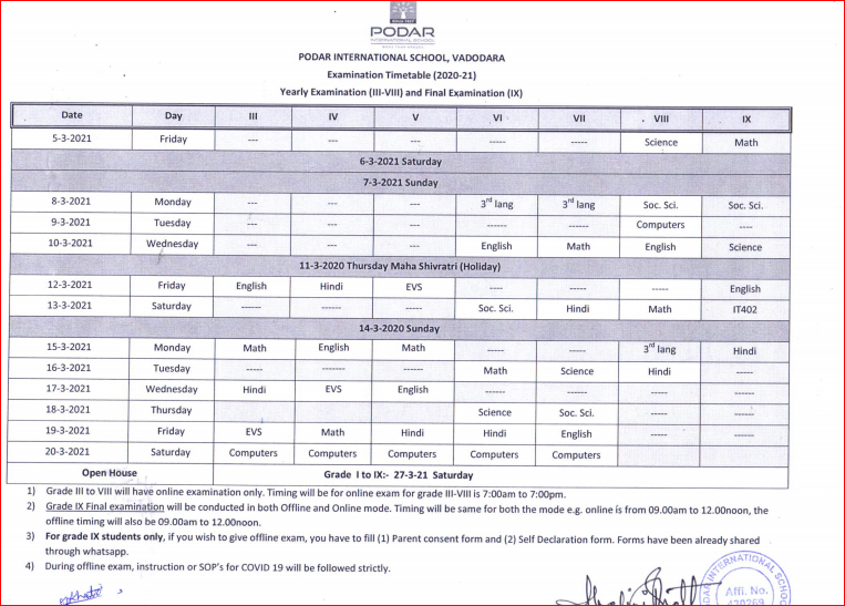Yearly Exam time table