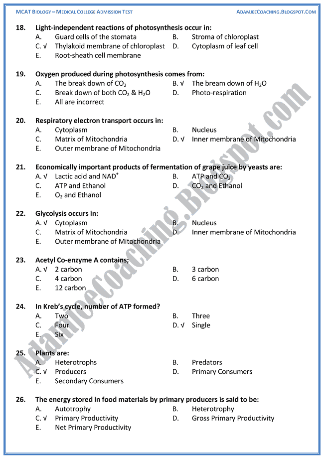 Adamjee Coaching: MCAT Biology - [Bioenergetics] Mcqs for Medical Entry ...