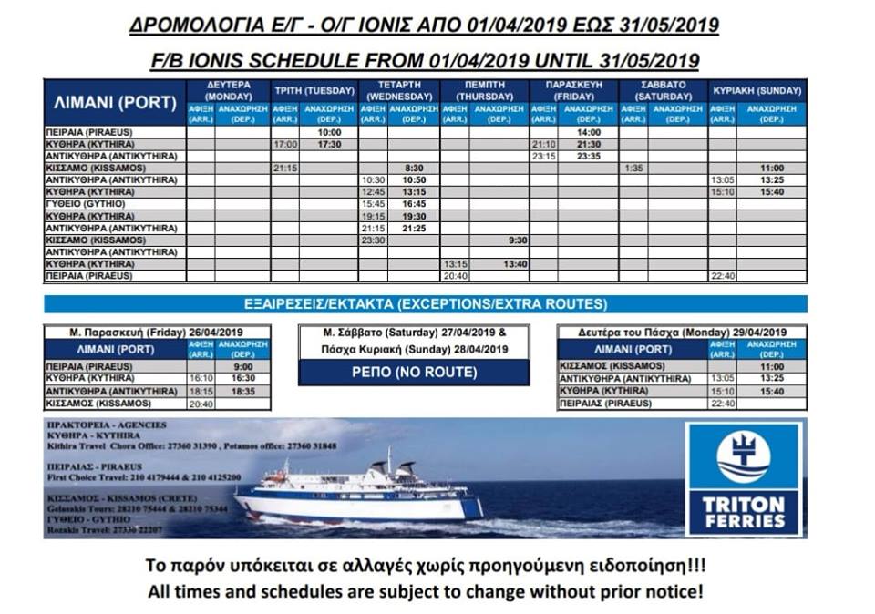 AdelinFM Kythira : Triton Ferries - Ionis _ Δρομολόγια από 01/04/2019 ...
