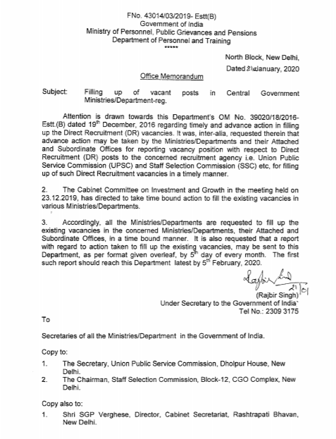 Filling up of vacant posts in Central Government Ministries ...