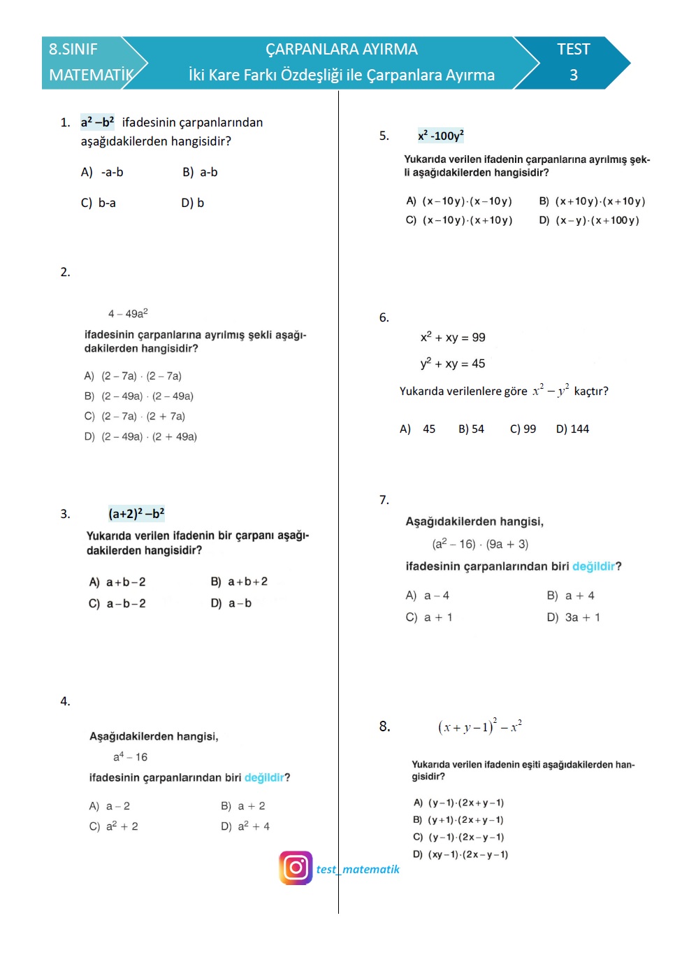 8.SINIF İKİ KARE FARKI ÖZDEŞLİĞİ İLE ÇARPANLARA AYIRMA TEST - Test ...