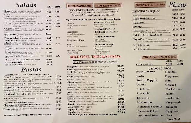 Cugini's Pizzeria & Trattoria: Menu