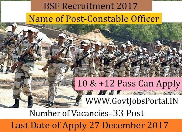 Border Security Force Recruitment 2017 – 33 Constable, Assistant Sub ...