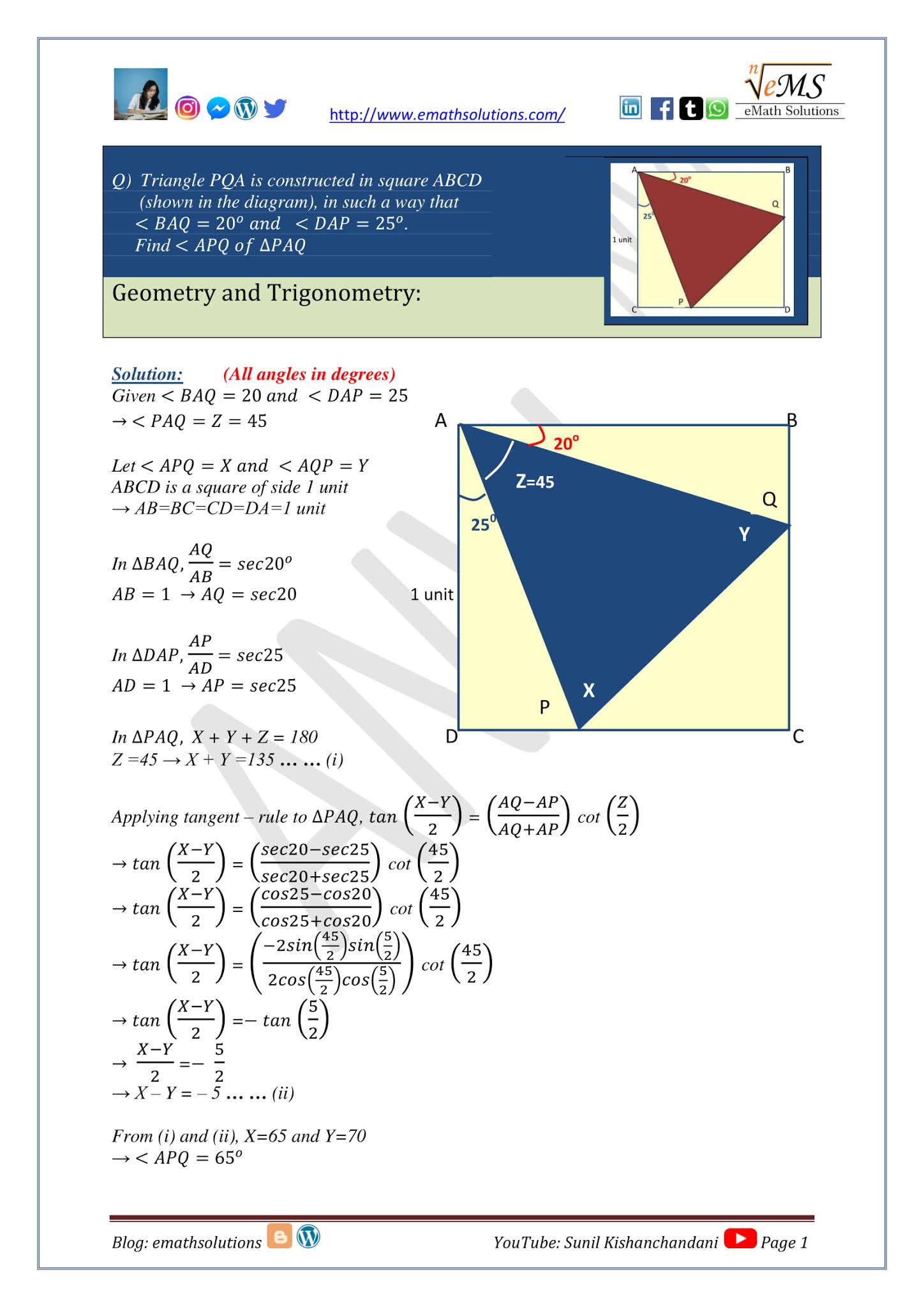 Olympiad Question on Geometry & Trigonometry: Triangles and Squares