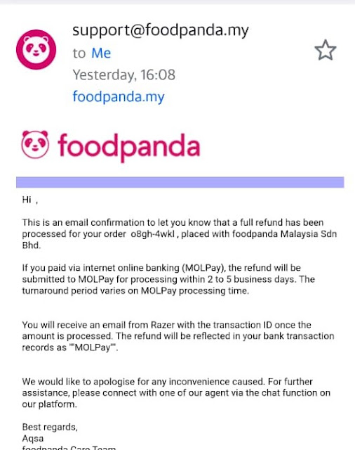 Akhirnya Dapat Duit Refund Dari FoodPanda
