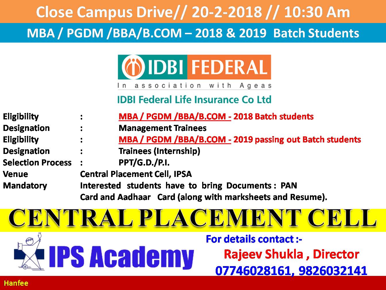 Central Placement Cell: IDBI Federal Life Insurance Co Ltd _ Close ...