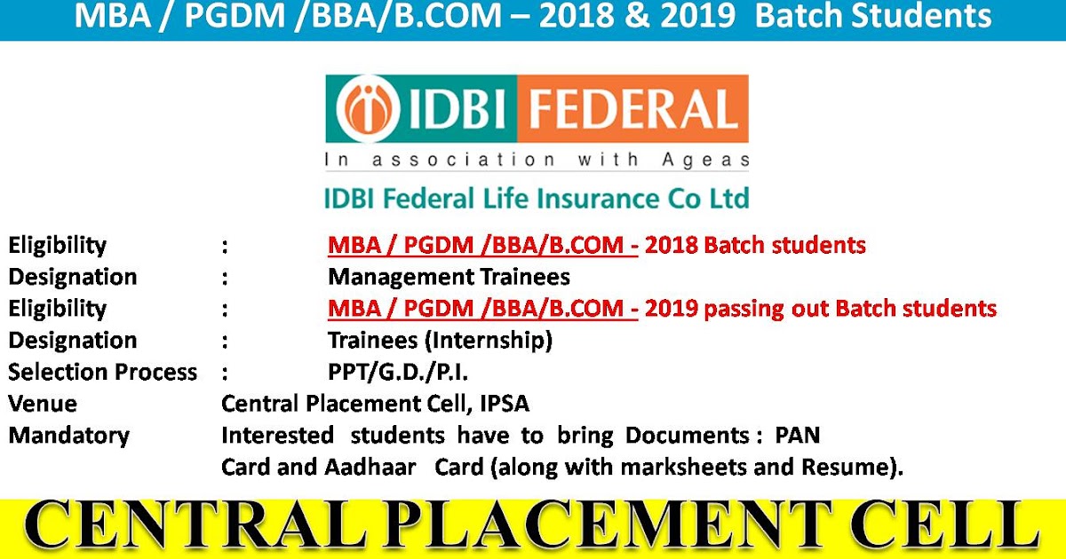 Central Placement Cell: IDBI Federal Life Insurance Co Ltd _ Close ...
