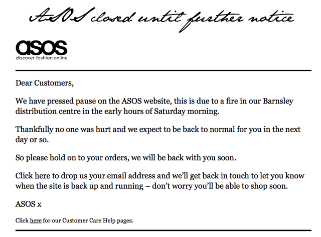 ASOS fire closes website, being treated as arson - Emily Jane Johnston