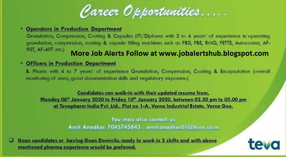JOB ALERTS HUB: Teva Pharmaceuticals - Walk-In Interviews for ...