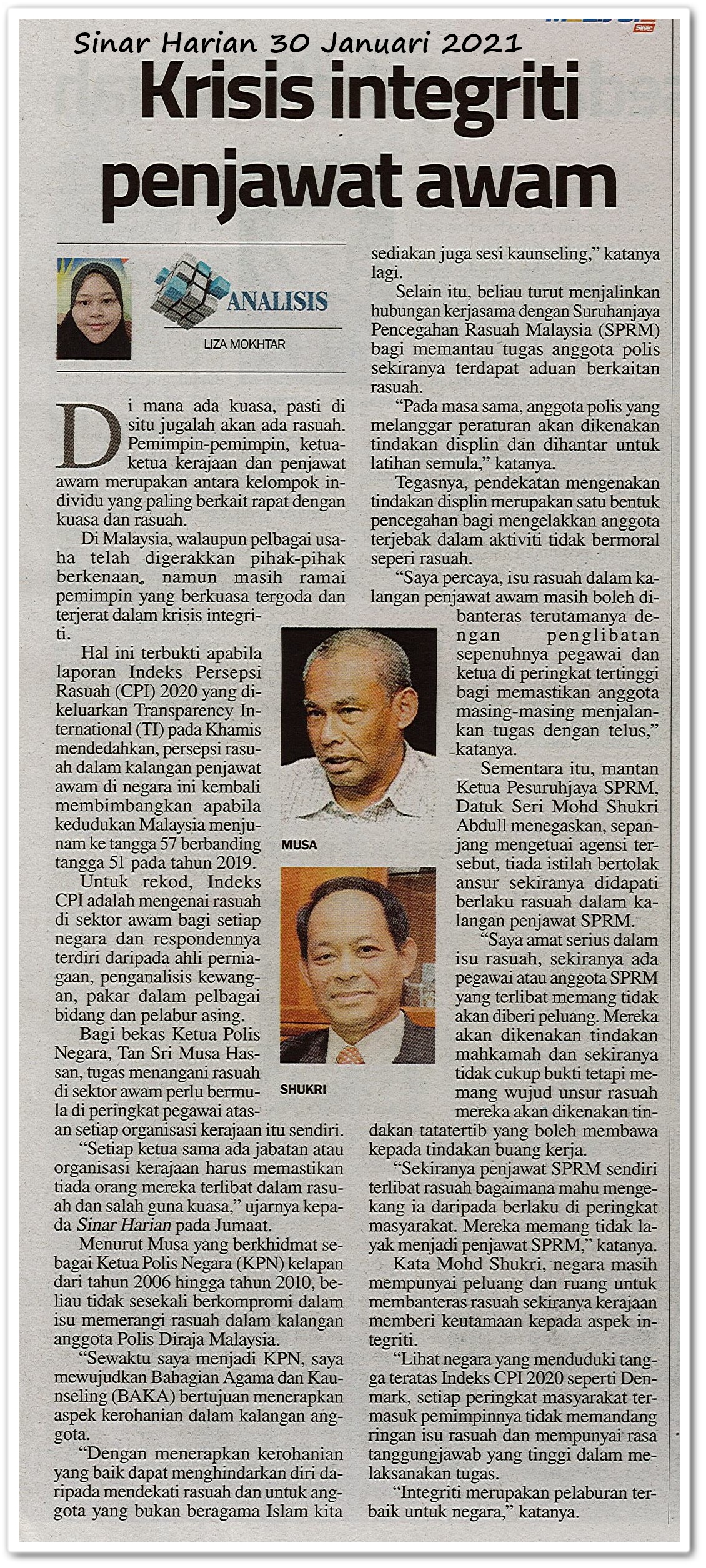 Krisis integriti penjawat awam - Keratan akhbar Sinar Harian 30 Januari ...
