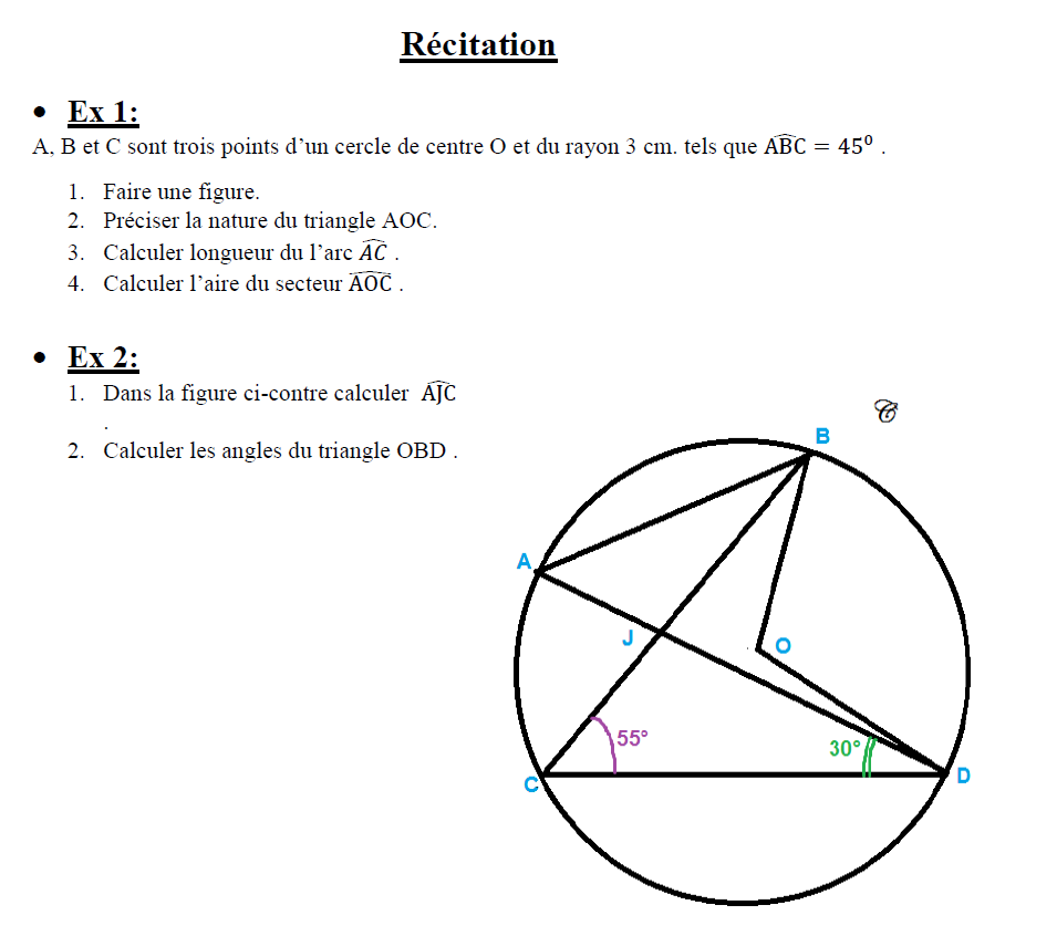 Exercices arcs et angles