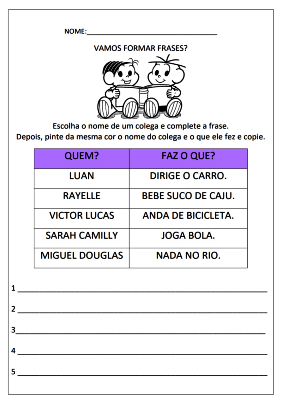 Frases Formando frases com a Turma da Mônica... ~ Atividades para Jardim