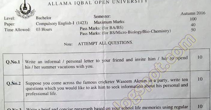 Code 1423 aiou Past paper/old papers Compulsory English-I Autumn 2016 ...