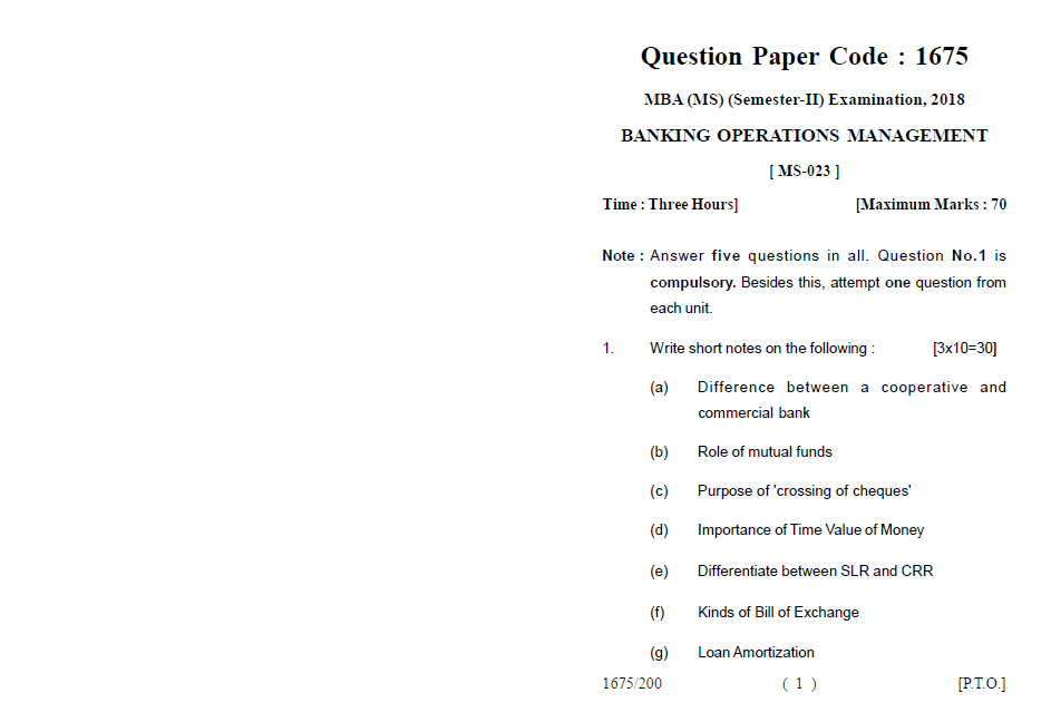 Lucknow University MBA(MS) (Semester-II) BANKING OPERATIONS MANAGEMENT ...