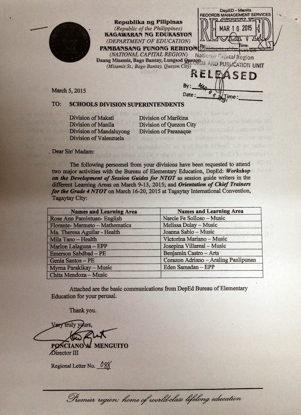 Department of Education Manila: Miscellaneous Letter No. 10