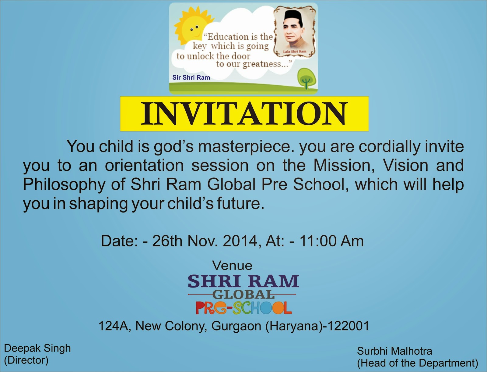 Shri Ram Global School: Invitation for Orientation Program on 26th Nov ...