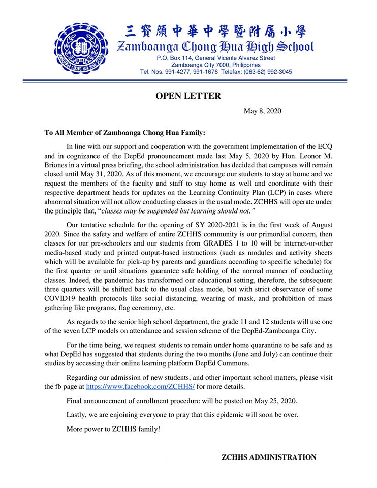 ZCHHS Open Letter - Please Read ~ ZCHHS Guidance Office