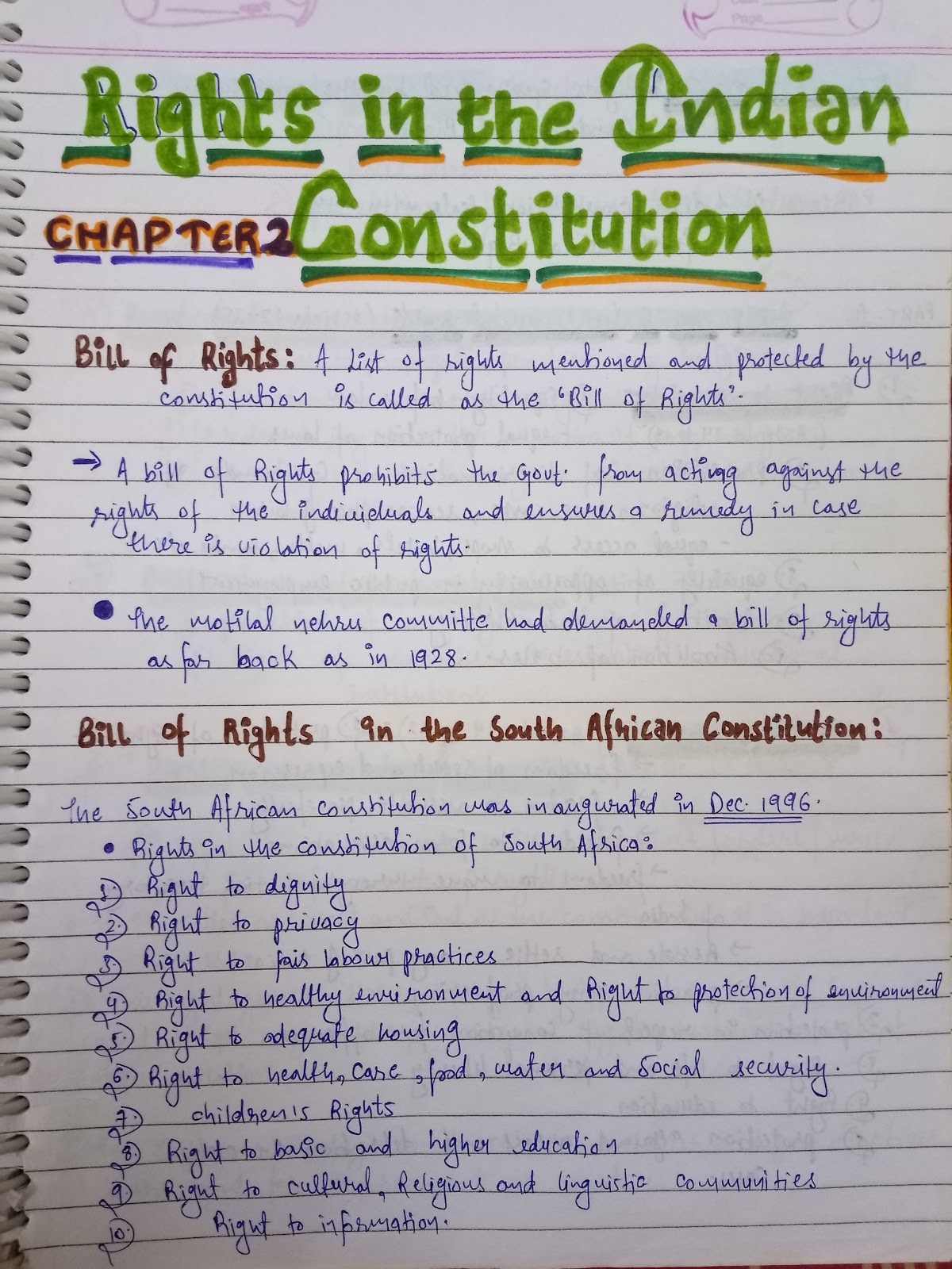 Handwritten Notes of RIGHTS IN THE INDIAN CONSTITUTION - Political ...