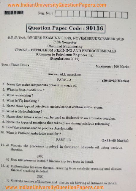 Anna University CH8095 Petroleum Refining and Petrochemicals Nov Dec ...