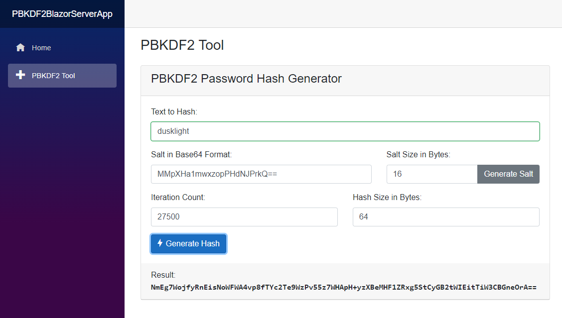 Dusklight Blog: PBKDF2 Tool in Blazor
