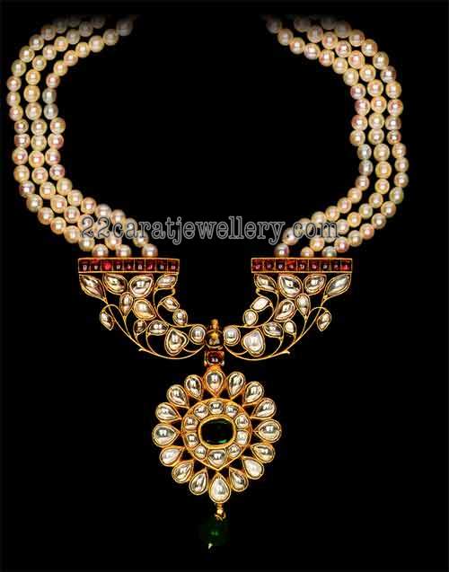 Triple Strings Pearls Haram with Traditional Pendnat - Jewellery Designs