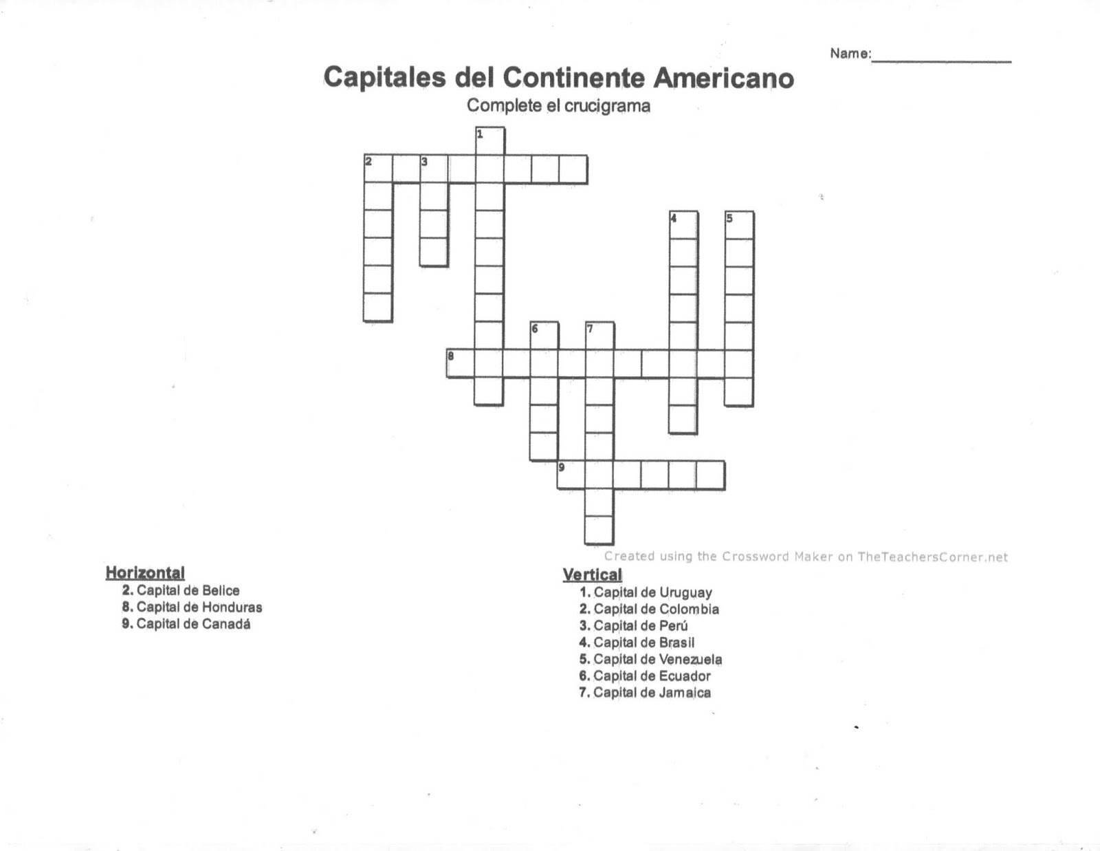 Tareas Escolares.: Crucigrama de Capitales del Continente Americano ...