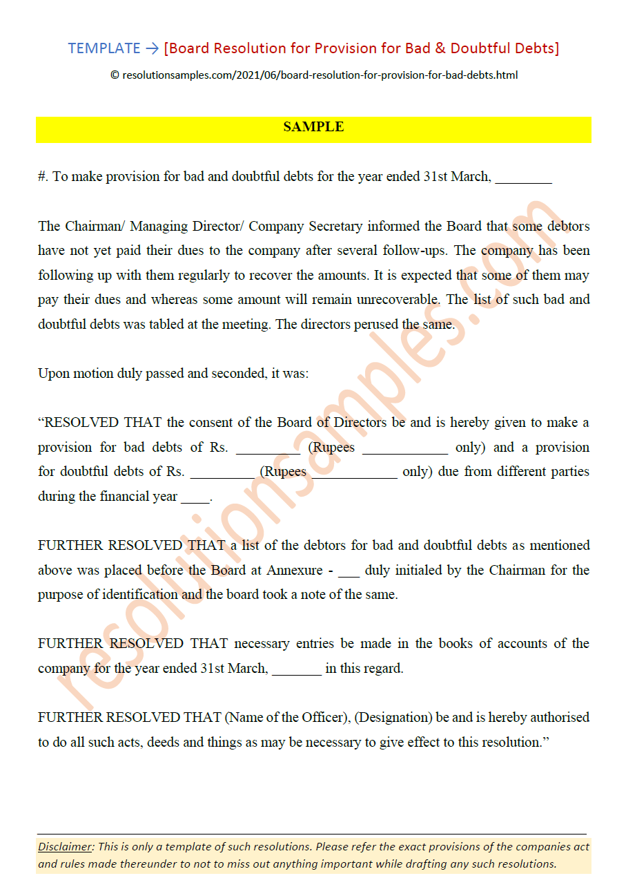 Board Resolution Format for Provision for Bad & Doubtful Debts