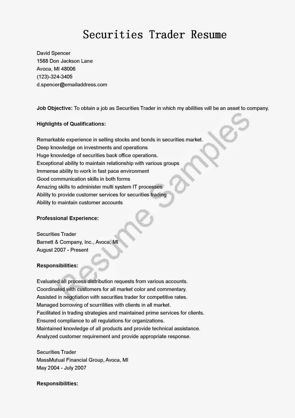 Resume Samples: Securities Trader Resume Sample