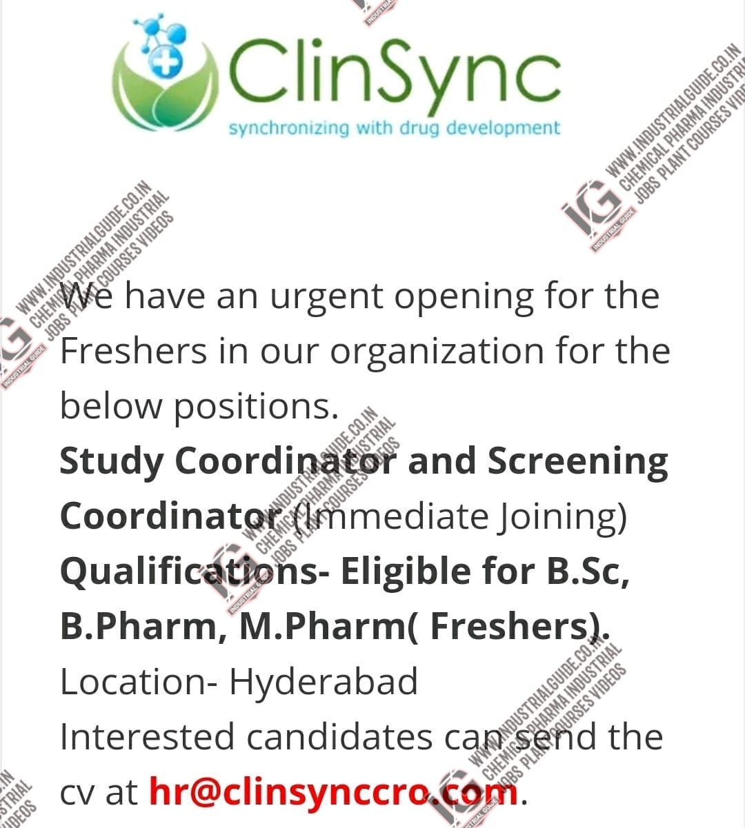 Clinsync jobs for Bsc Bpharm Mpharm apply now