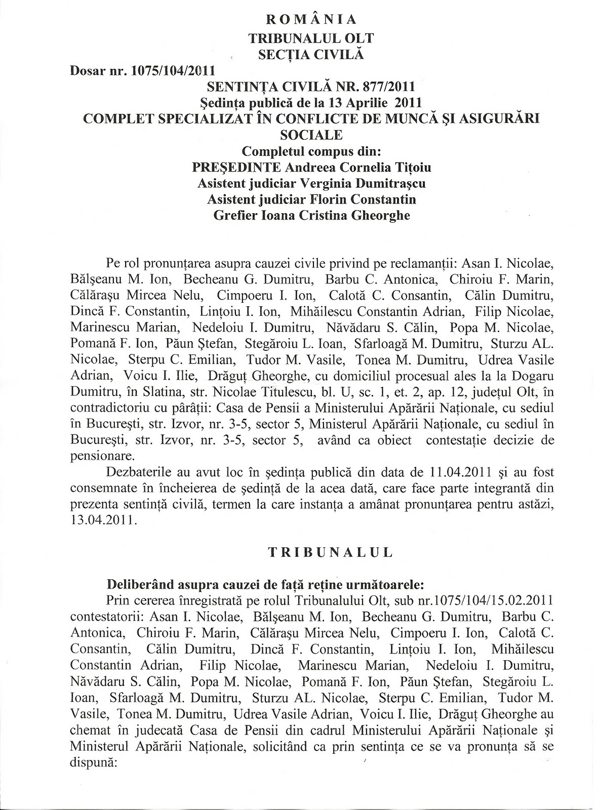 SENTINTA CIVILA nr. 877/2011 A TRIBUNALULUI OLT: contestatii ...