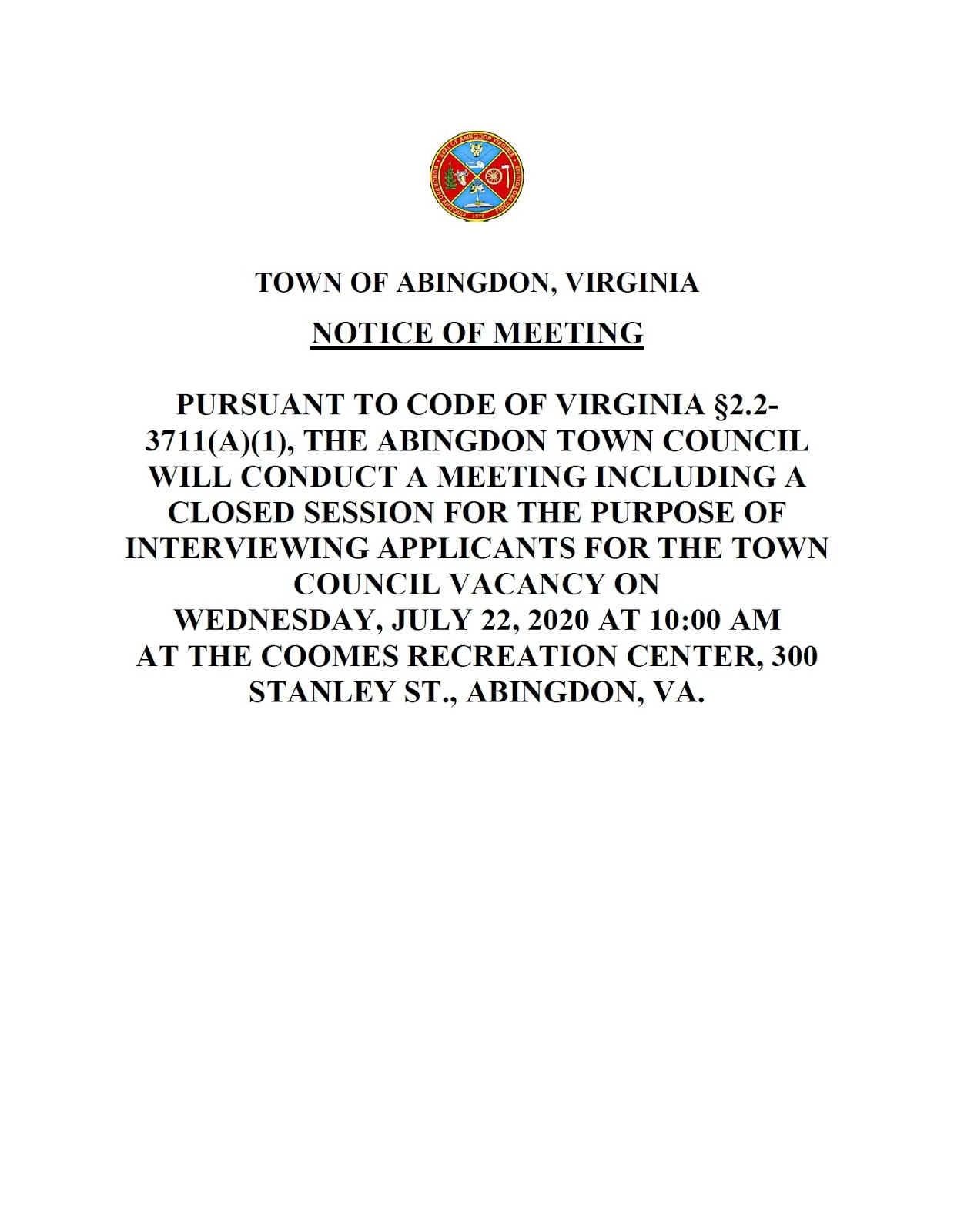 Town of Abingdon, Virginia : Notice regarding interview of candidates ...