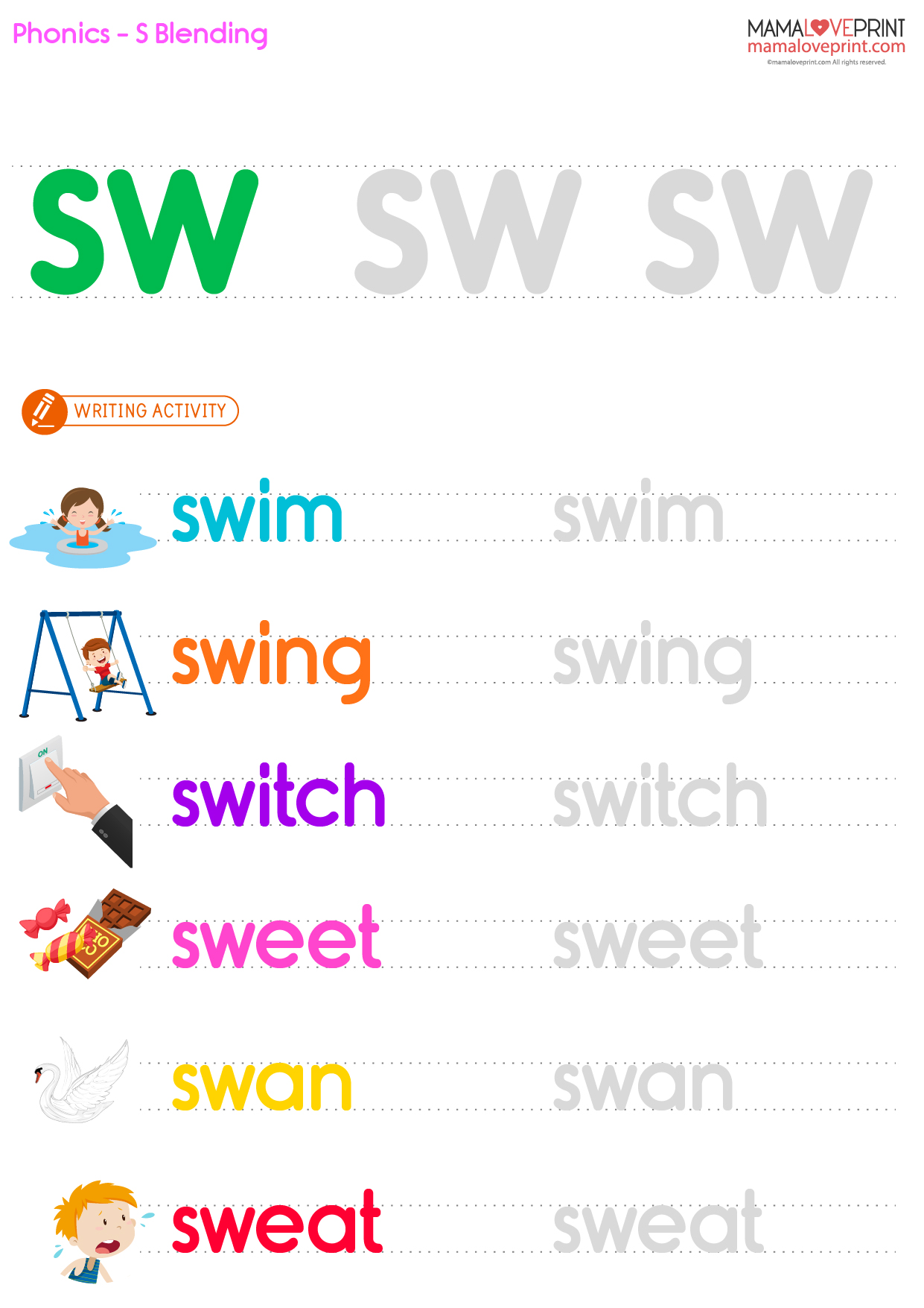 MamaLovePrint 自製工作紙 - Phonics Resources 英文拼音練習 S-Blend (sc , sk , sl ...