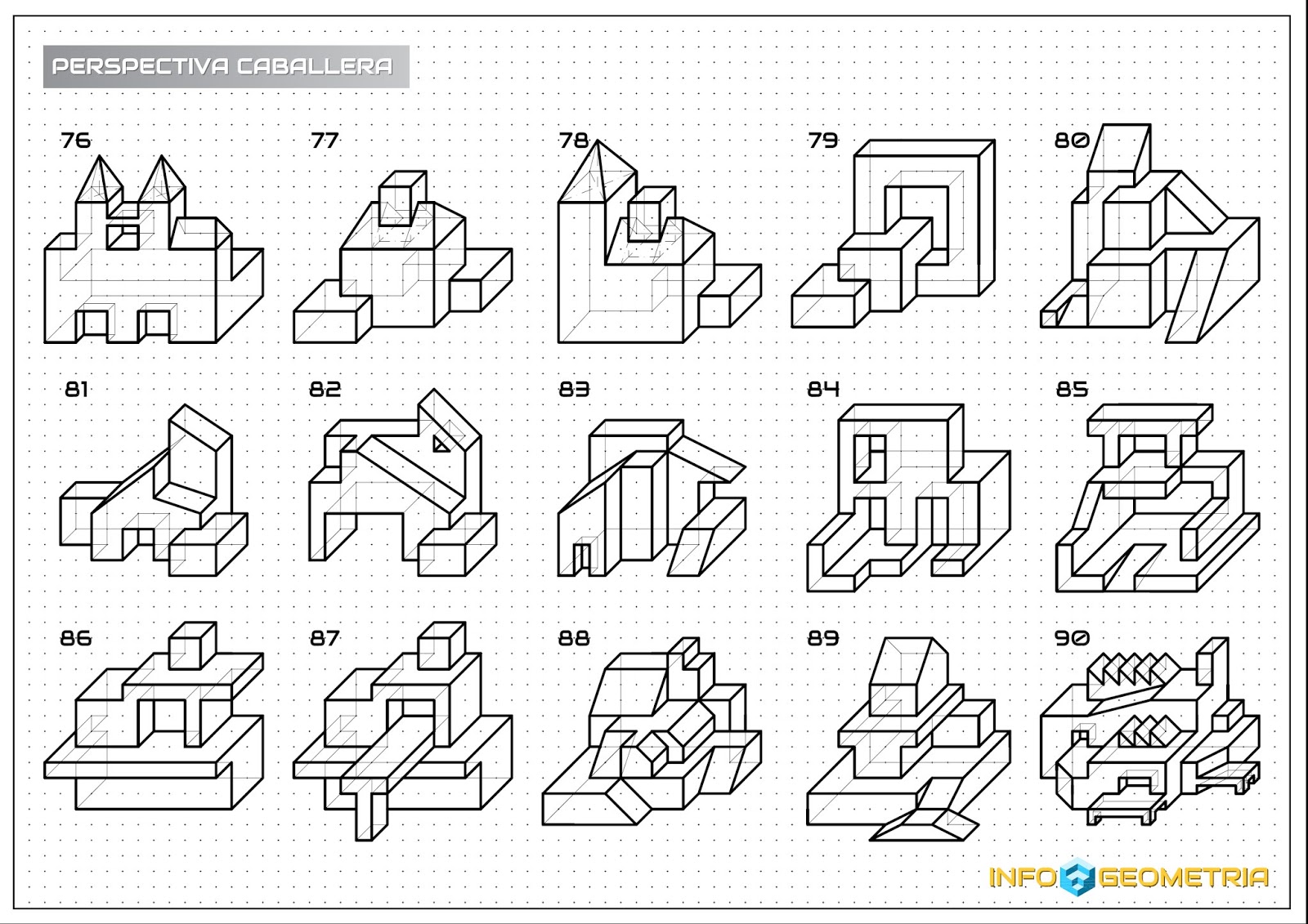 INFOGEOMETRÍA: 90 PERSPECTIVE EXERCISES. ELEVATION OBLIQUE DRAWING