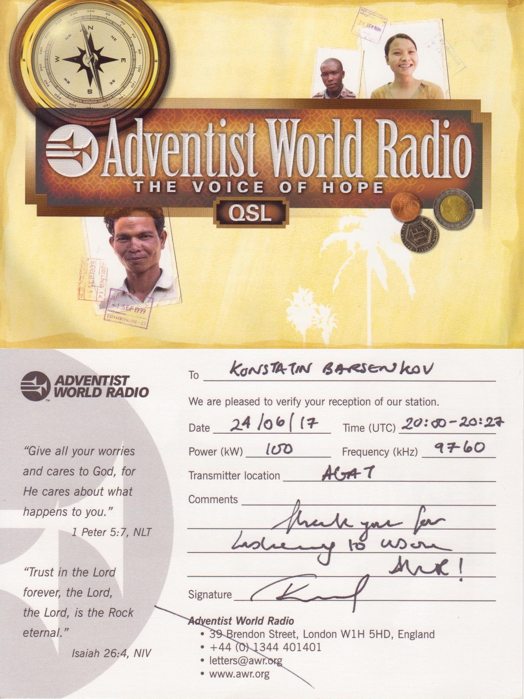 QSL-review: Adventist World Radio
