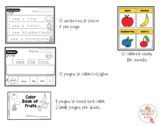 Fruit Worksheets with Sentences "No Prep" ~ Preschool Printables