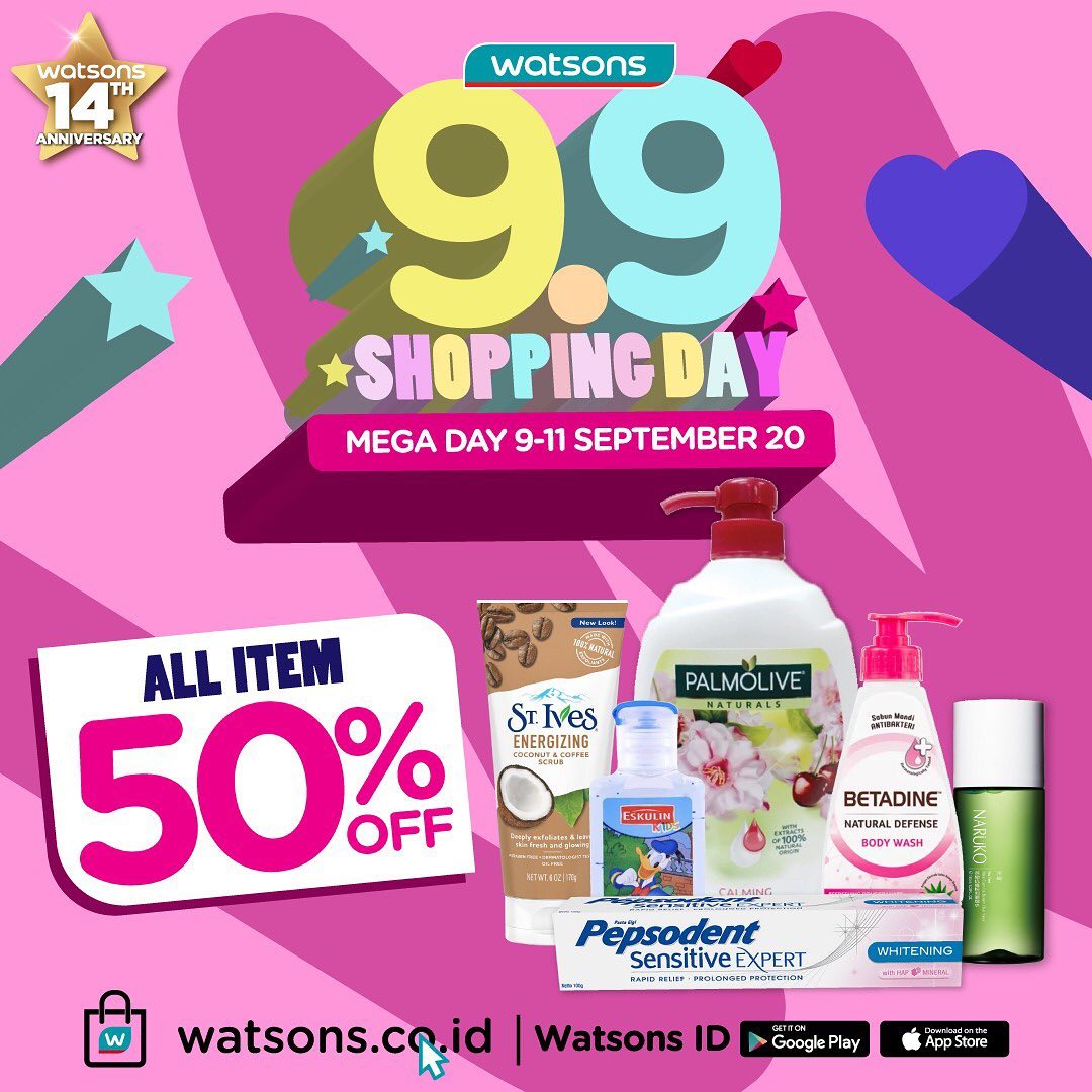 Watsons 9.9 Promo Mega Day All Item Disc 50% Off Periode 9 - 11 September 2020 - scanharga