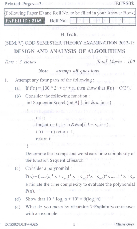 Aktu Ecs 502 Design And Analysis Of Algorithms 2013 Question Paper University Question Papers