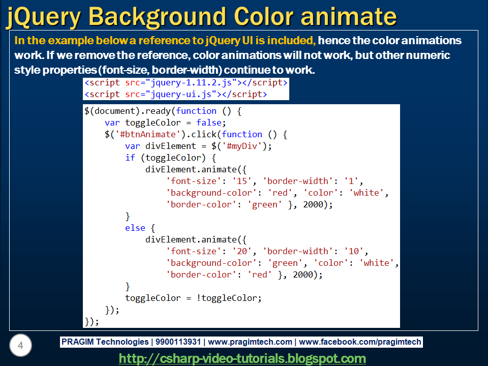 Sql server, .net and c# video tutorial: jquery background color animate Sql server, .net and c# video tutorial: jquery background color animate