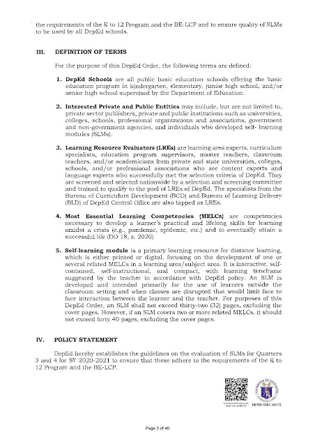 GUIDELINES ON THE EVALUATION OF SELF-LEARNING MODULES FOR QUARTERS 3 ...