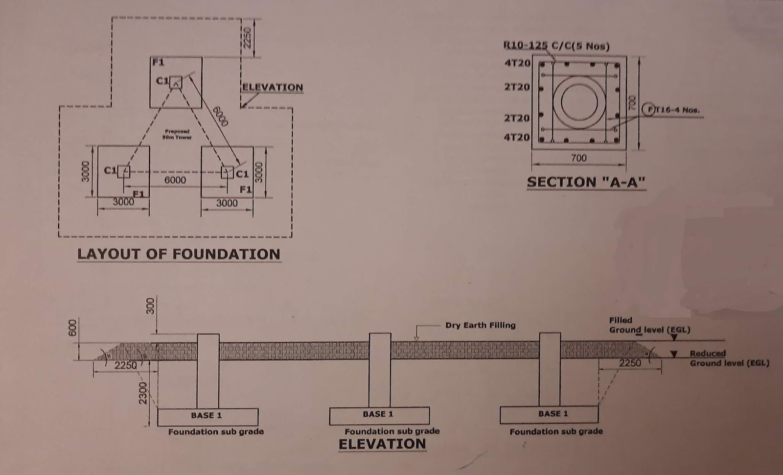SAMPLE FOUNDATION DETAIL OF A STEEL TELECOMMUNICATION TOWER WITH 3 LEGS