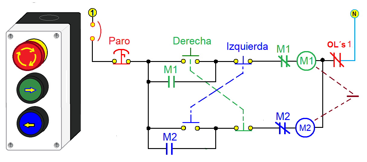 coparoman: Circuitos con botones pulsadores con funciones opuestas