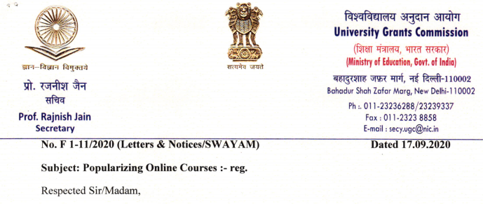 UGC Letter Reg.: Popularizing online courses. - kaninikkalvi