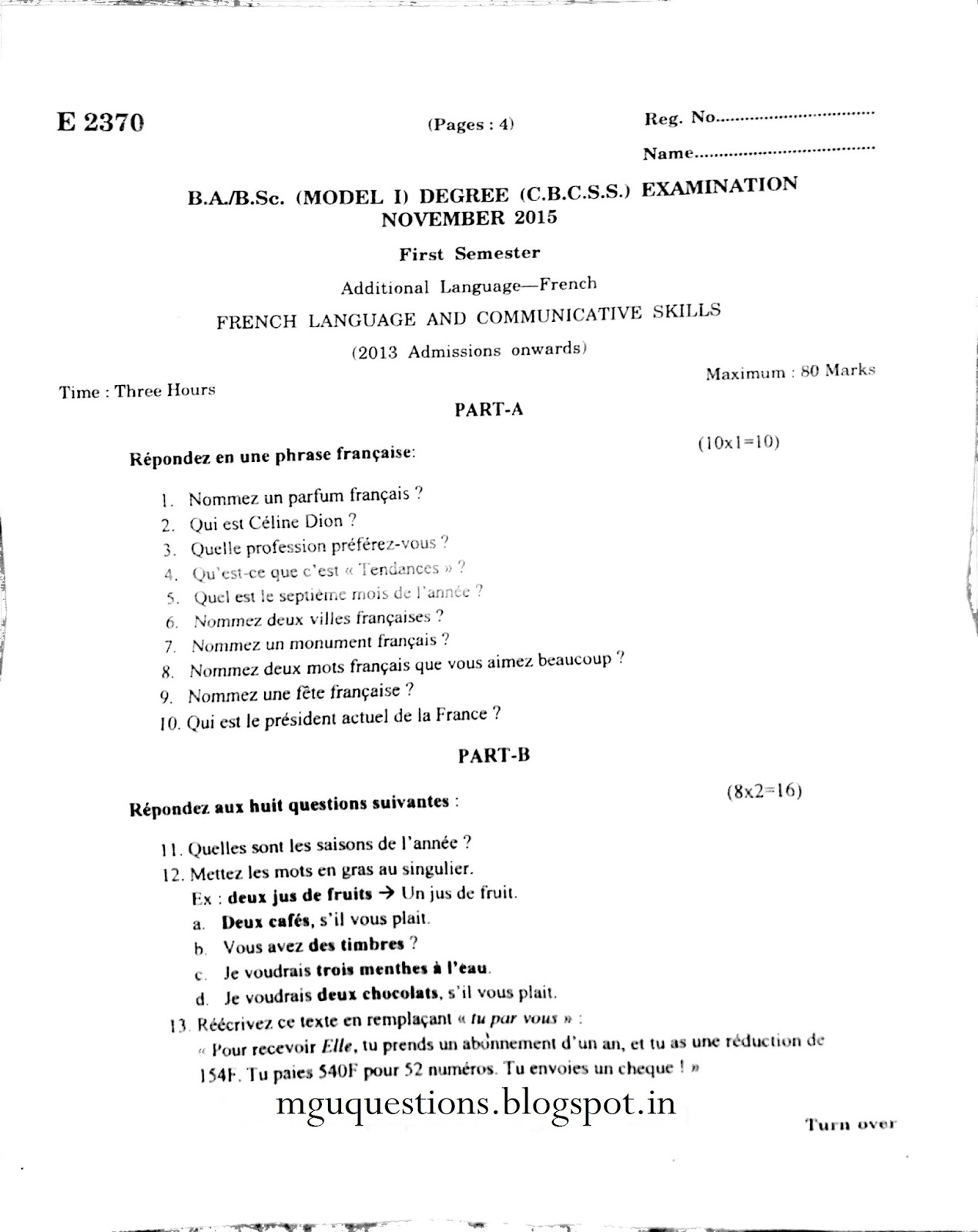 mgu B.A french degree semester 1 French language and communicative ...