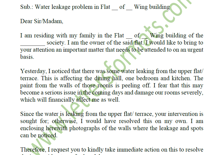 Complaint Letter Format To Society About Water Leakag