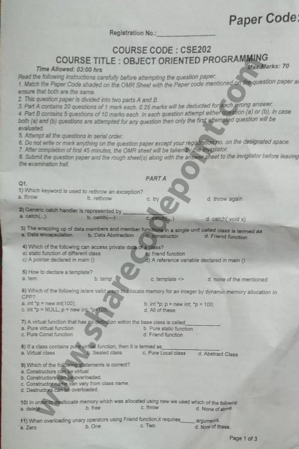 Cse202 Object Oriented Programming End Term Exam Question Paper Cse 202 Lpu Question Paper