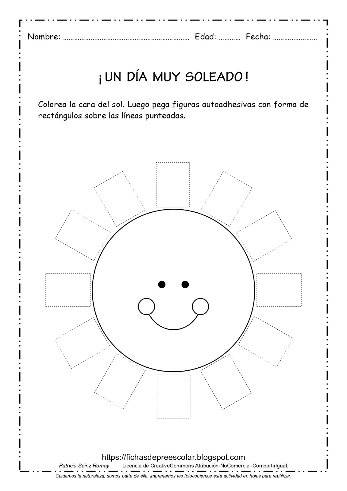 FICHAS DE EDUCACIÓN PREESCOLAR: ¡UN DÍA MUY SOLEADO! Actividad de ...
