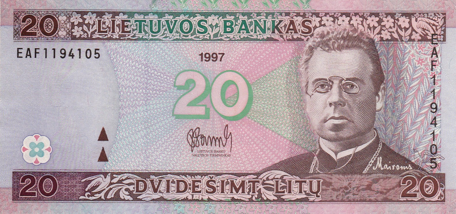 Lithuania 20 Litu banknote 1997 Maironis|World Banknotes & Coins ...